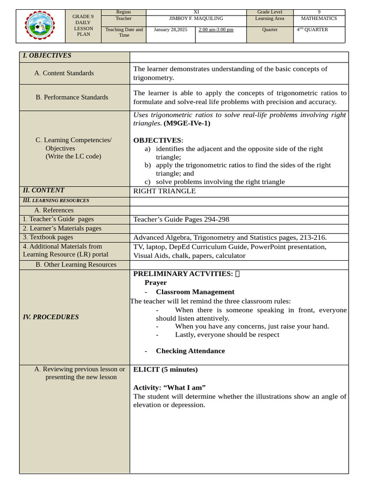 Lesson Plan For Right Triangle GRADE 9 | PDF | Trigonometry ...