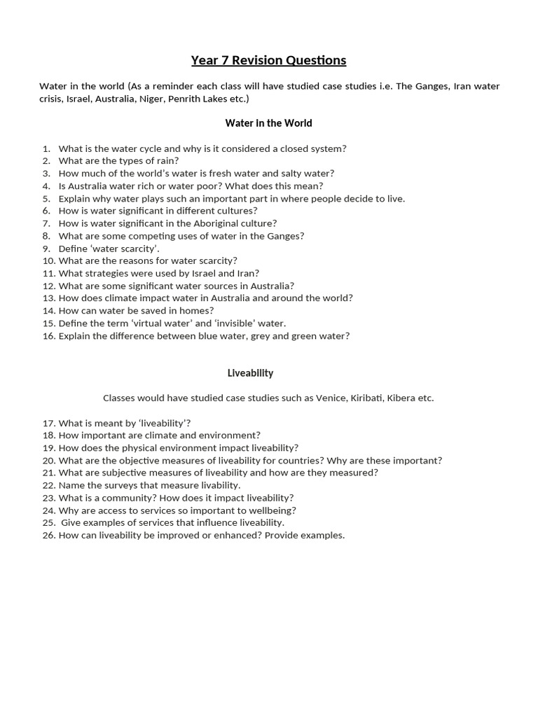 Year 7 Exam Revision | PDF | Quality Of Life | Water