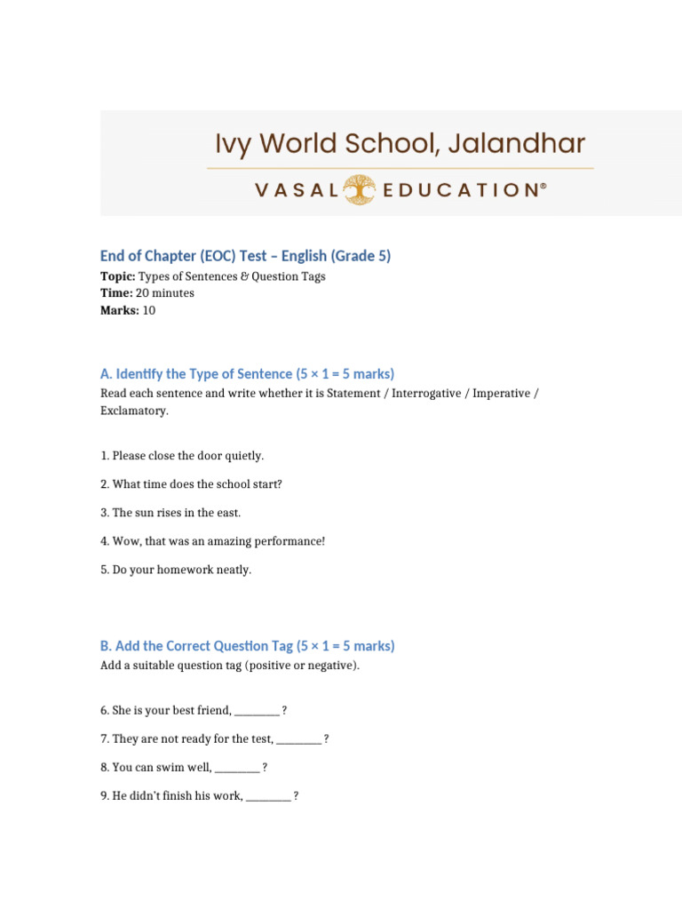 Grade 5 EOC Test Types of Sentences | PDF