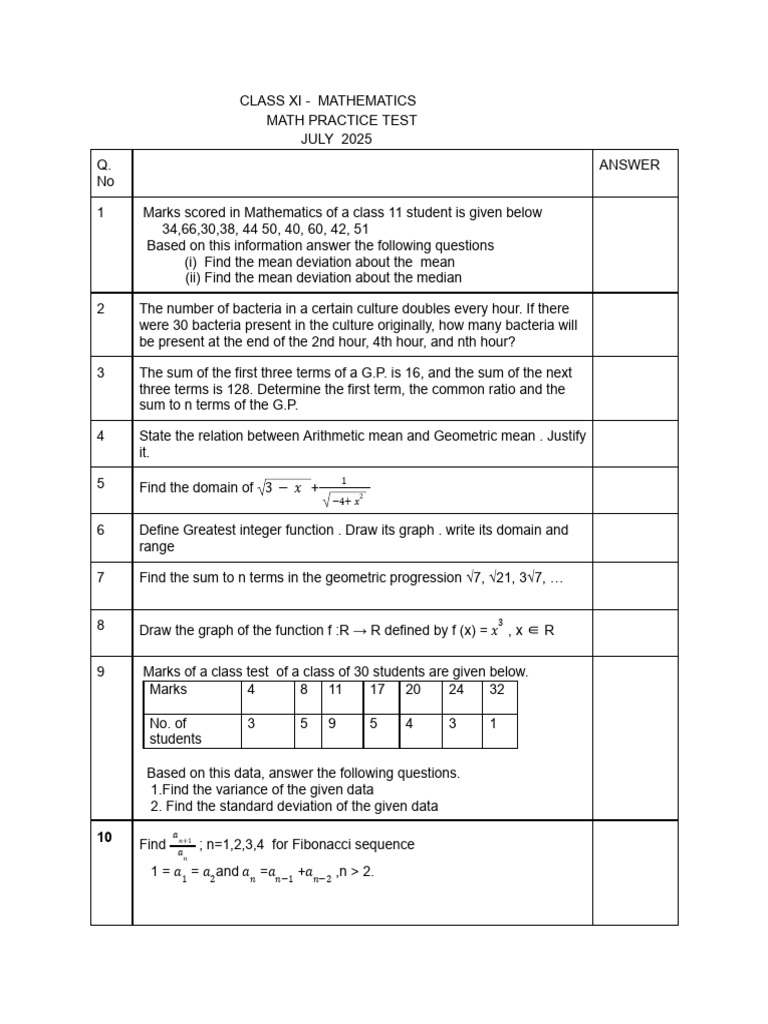 Maths Quiz Class Xi (July) | PDF | Mean | Function (Mathematics)