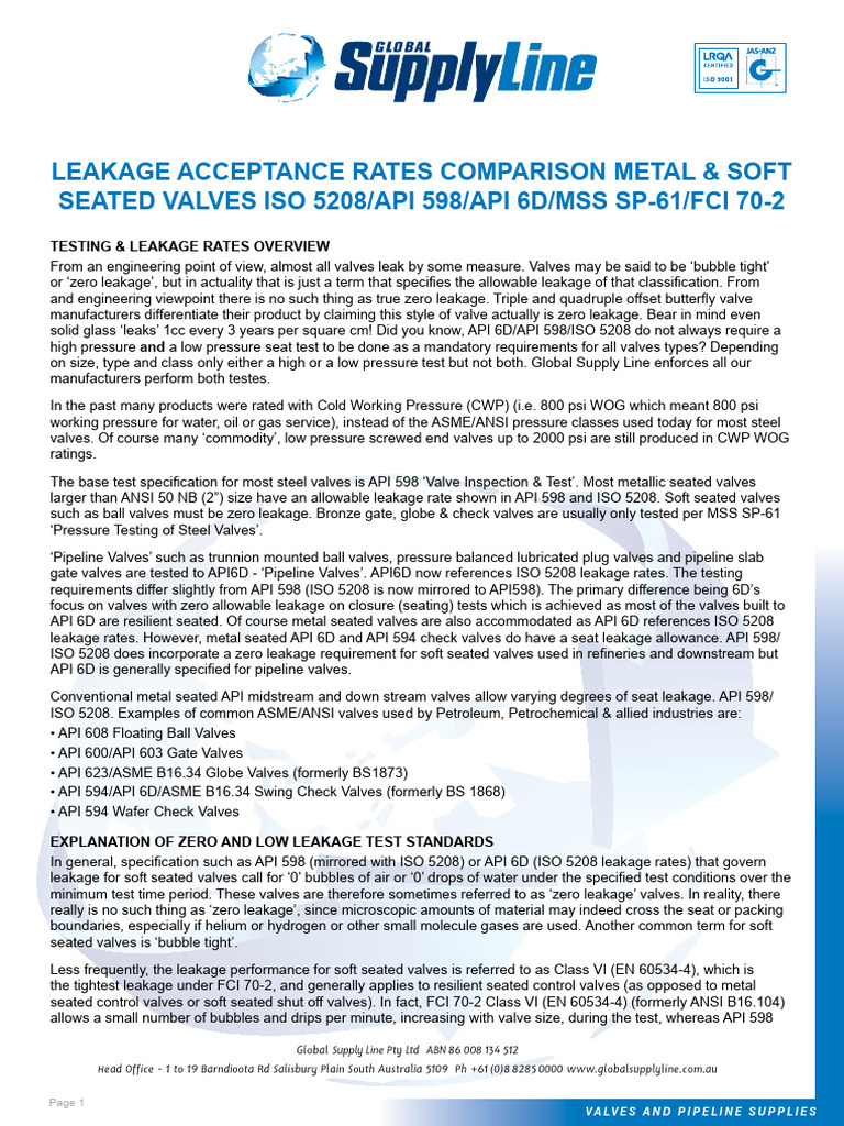 Valve Leakage Rates Test Std | PDF | Valve | Leak
