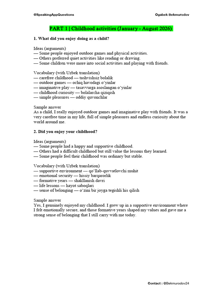 PART 1 Childhood Activities (January - August 2026) | PDF