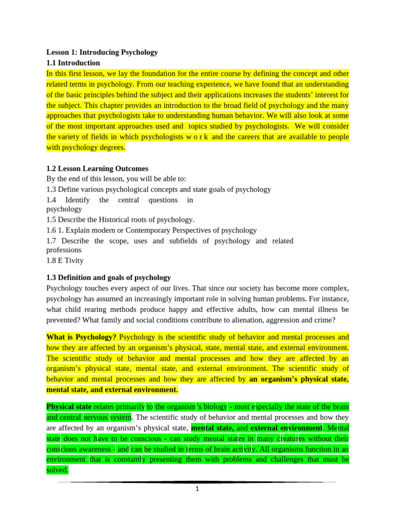 PSYC 101 Lesson 1 Introduction To Psychology | PDF | Psychology ...