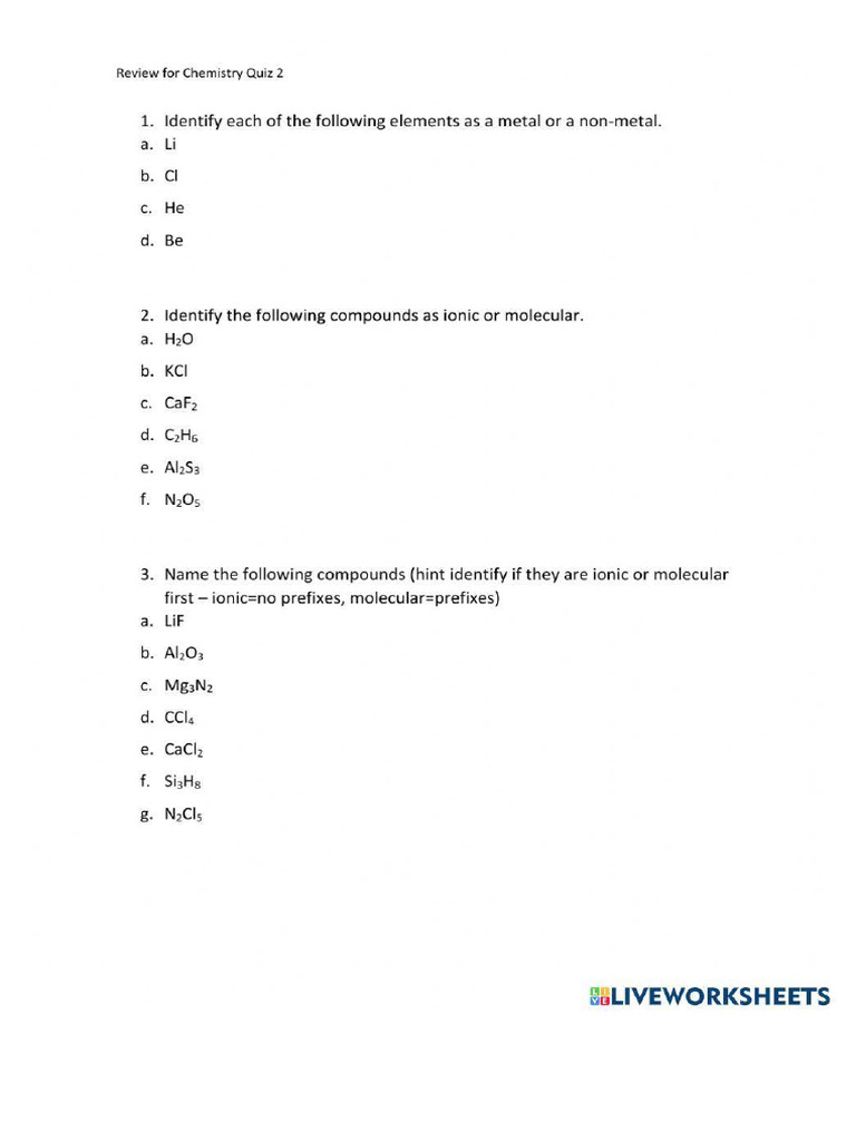 Chemical Naming Science 10 Worksheet | PDF