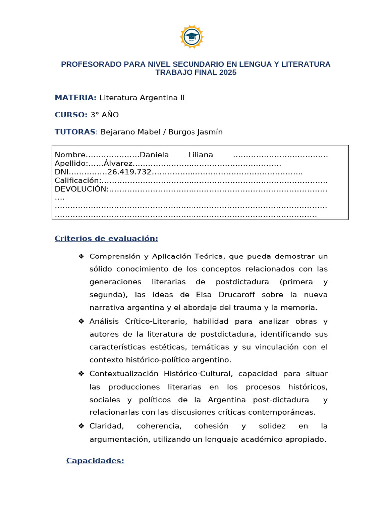 Trabajo Final 2025 Literatura Argentina II | PDF | Testimonio | Memoria