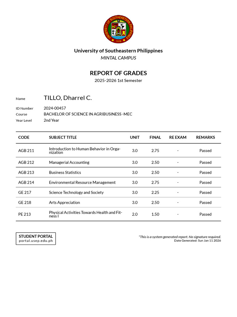Report of Grades 2025 2026 1st Semester TILLO, Dharrel C | PDF