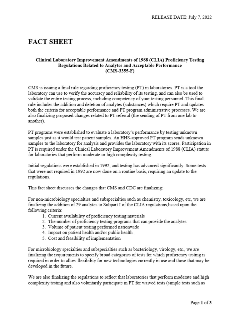 Cms Fact Sheet - Clia PT Changes | PDF