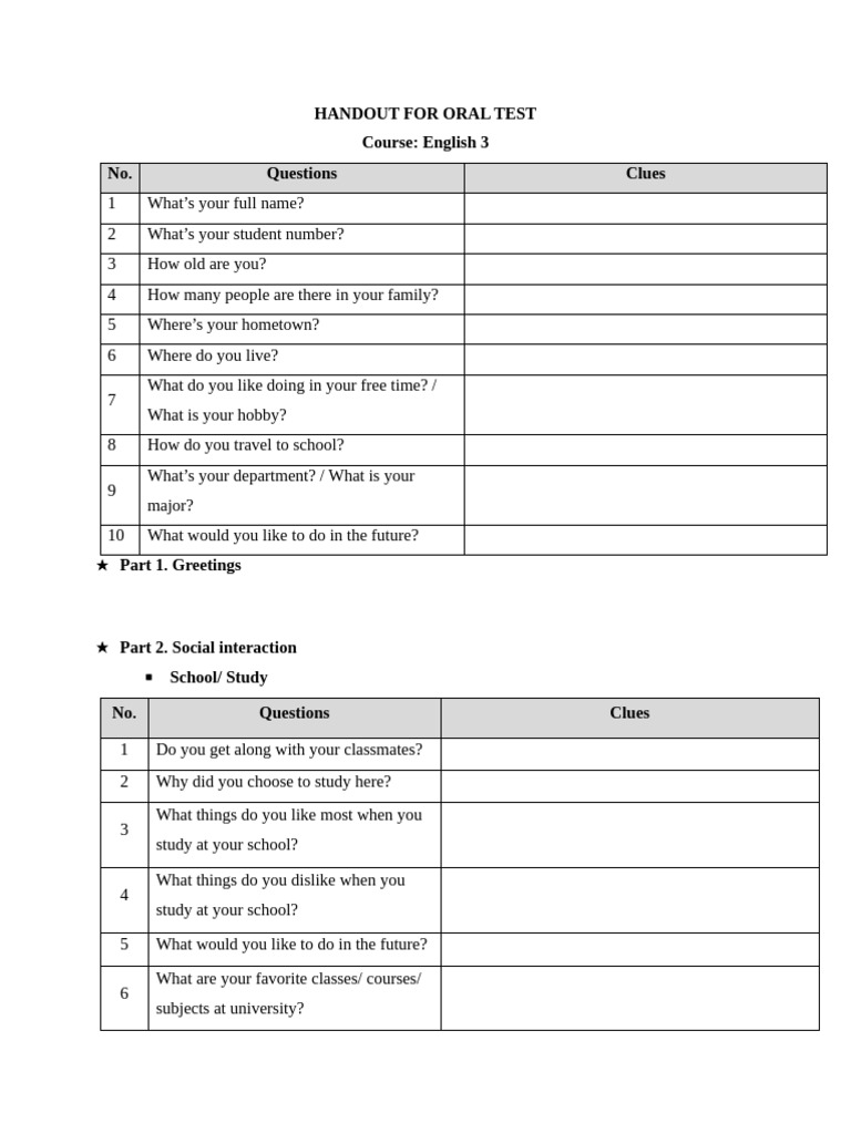 Handout for Oral Test (English 3) | PDF