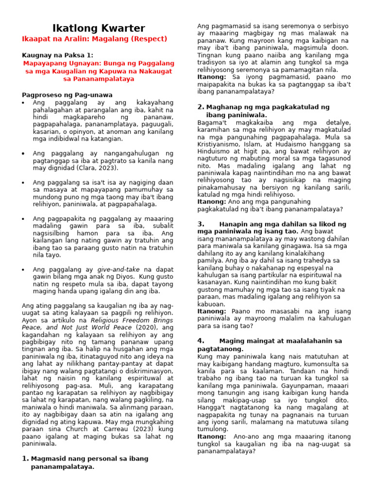 Aralin 4 Values Education Notes | PDF