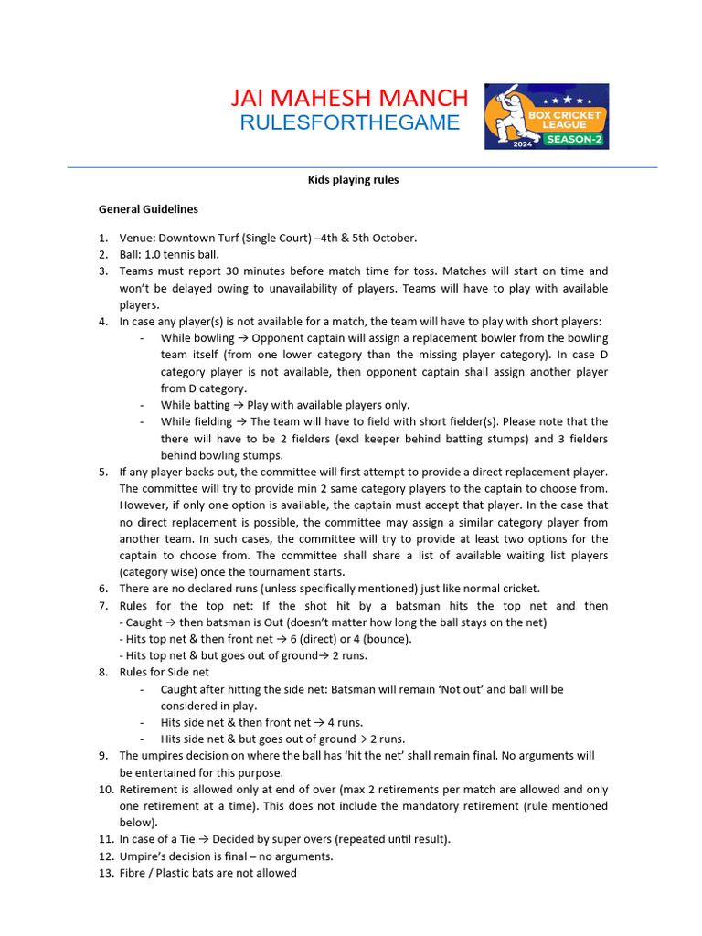 Kids Final Rules -JMM BCL 2.0 | PDF | Bowling (Cricket) | Ball And Bat ...