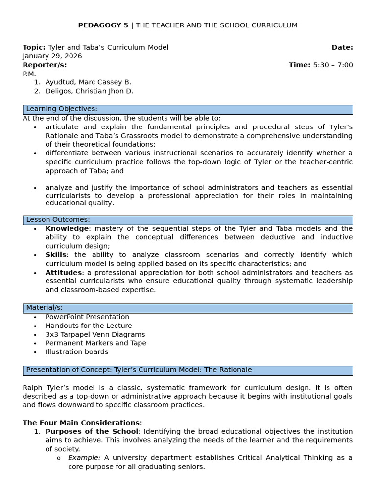 PEDA 5_Tyler and Taba's Curriculum Model Learning Plan_Ayudtud and ...
