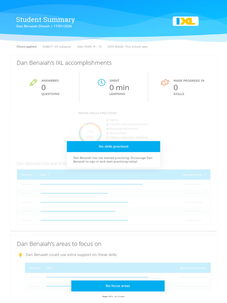 IXL-Summary-Report_2026-01-17_Dinesh-Dan-Benaiah | PDF | Mathematics
