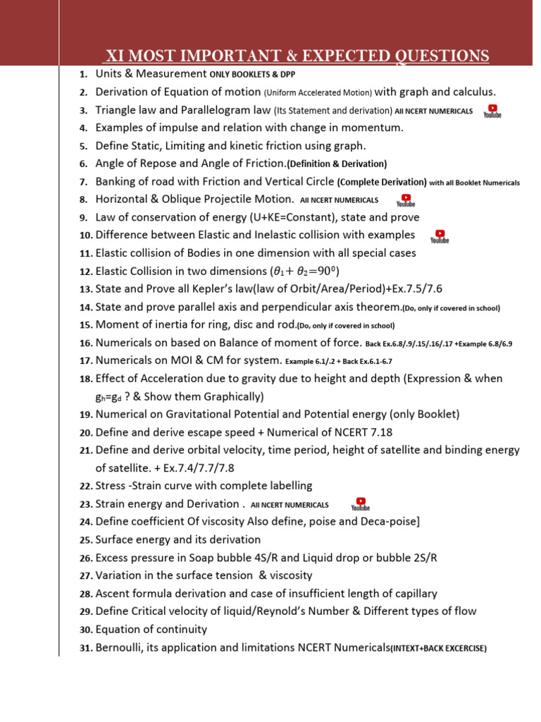 Most Important Questions Class Xi | PDF | Collision | Kinetic Energy