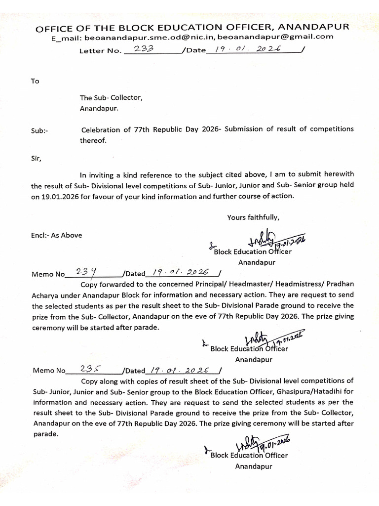 Result of Sub Divisional Level Competition Republic Day 2026 | PDF