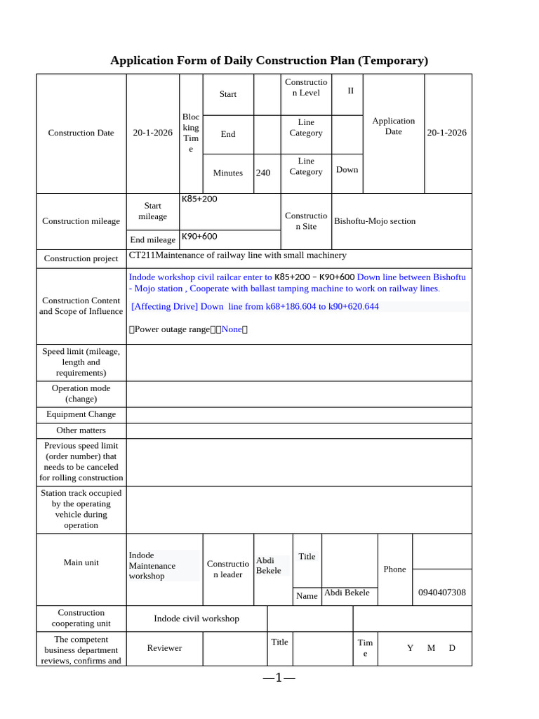 INDODE CIVIL Temporary Plan Application Form of Track Maintenance 12 ...