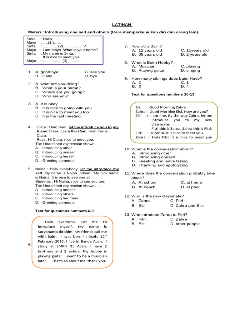 Latihan Introducing One Self an Others | PDF | Chess Theory | Chess