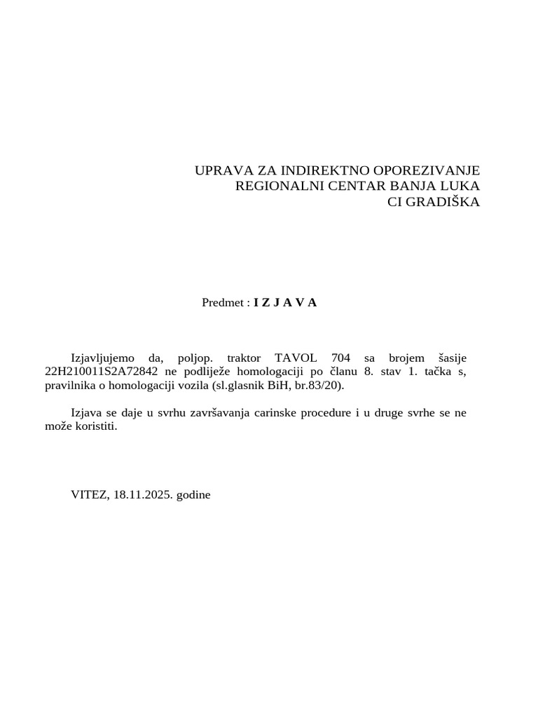 Izjava o Homologaciji Za Traktore | PDF