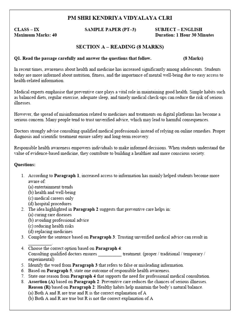 Class 9 PT 3 Sample Paper | PDF | Preventive Healthcare