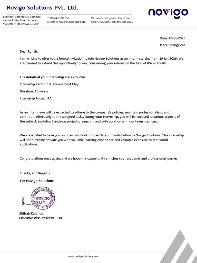 Rafiah Fathima - Internship Invite Letter | PDF
