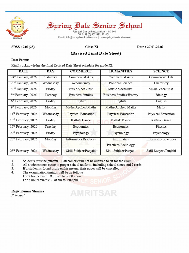 Revised 11th Class Final Date Sheet (2025-2026) | PDF