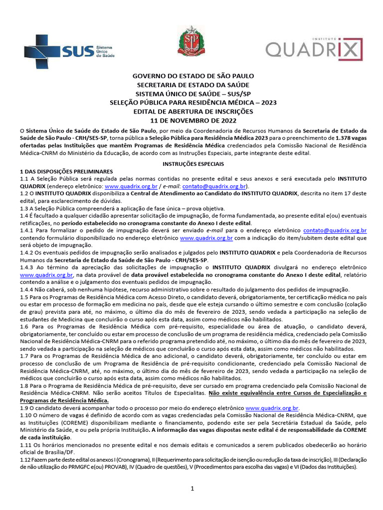 SES-SP RM 2023 Edital 1 Abertura 14 | PDF | Médico | Hospital