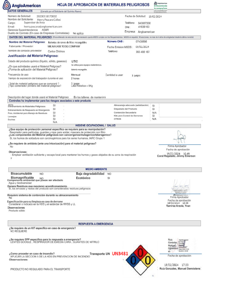 Msds Aprobada - Hoja Resumen - Msds Seguridad Baterias Milwaukee Mod (1 ...