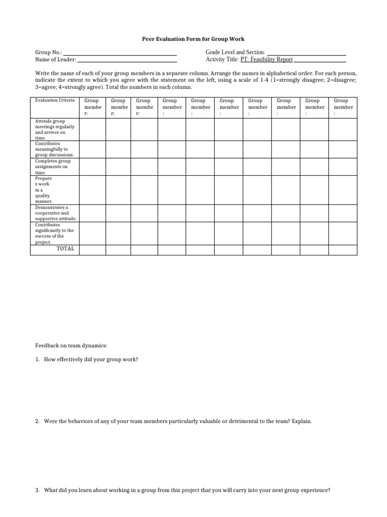 Peer Evaluation Form For Group Work | PDF