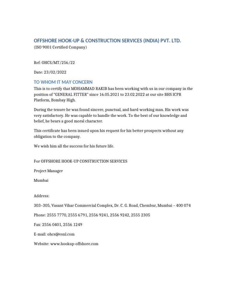 OHCS Experience Certificate | PDF