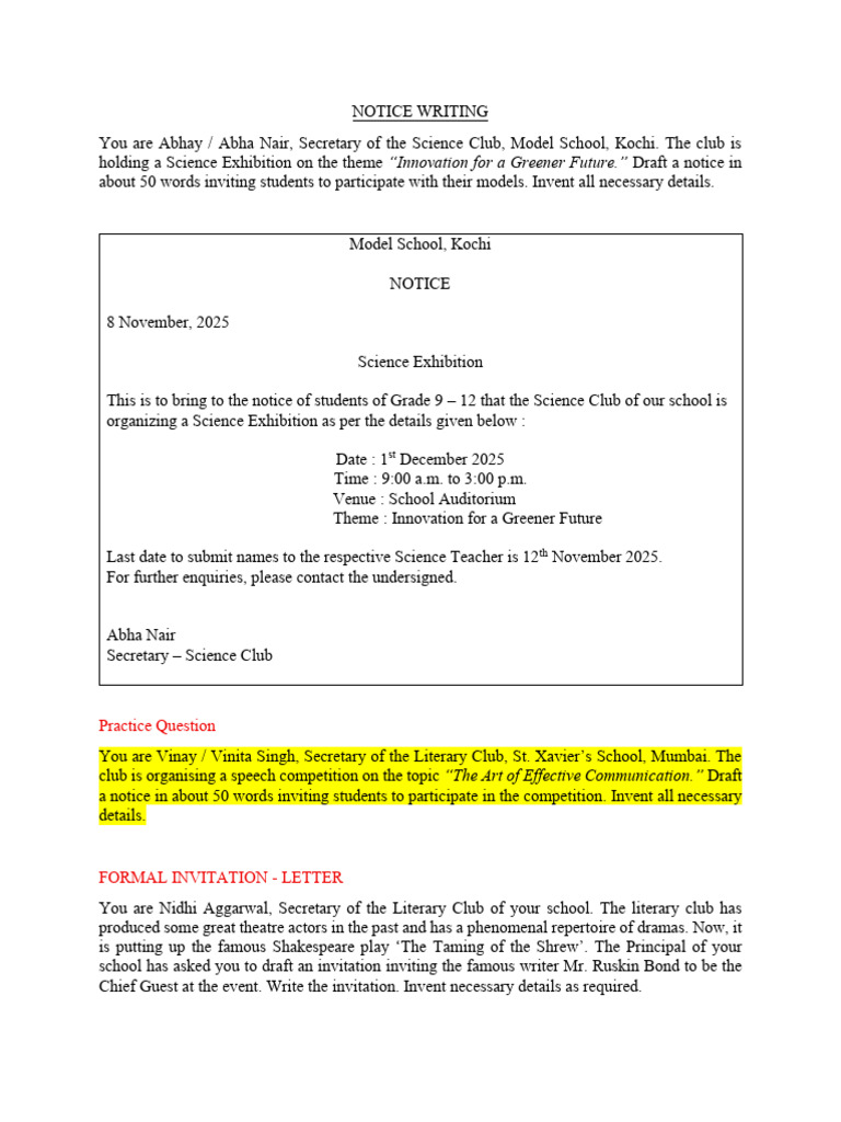 Writing Skills - Notice and Formal Invitation | PDF | Theatre ...