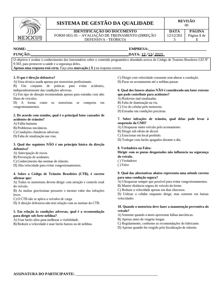 FORM-SEG.01 R.00 - Avaliação de Treinamento - Direção Defensiva | PDF ...