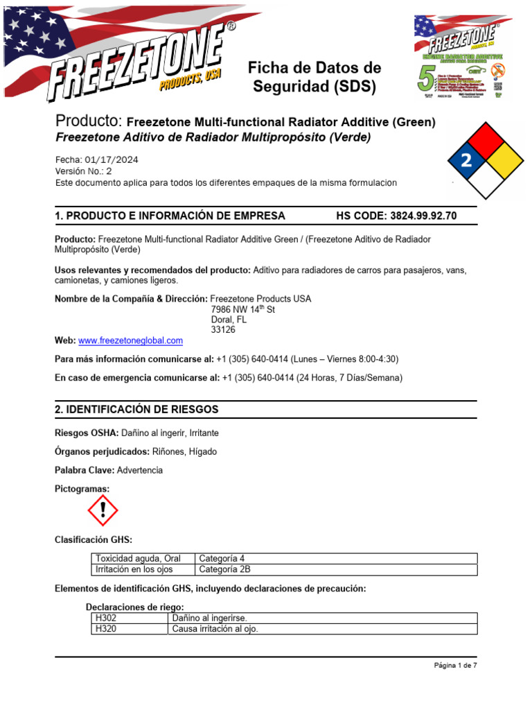 SDS Freezetone Aditivo de Radiador Multifuncional (Verde) ESP 2024 | PDF