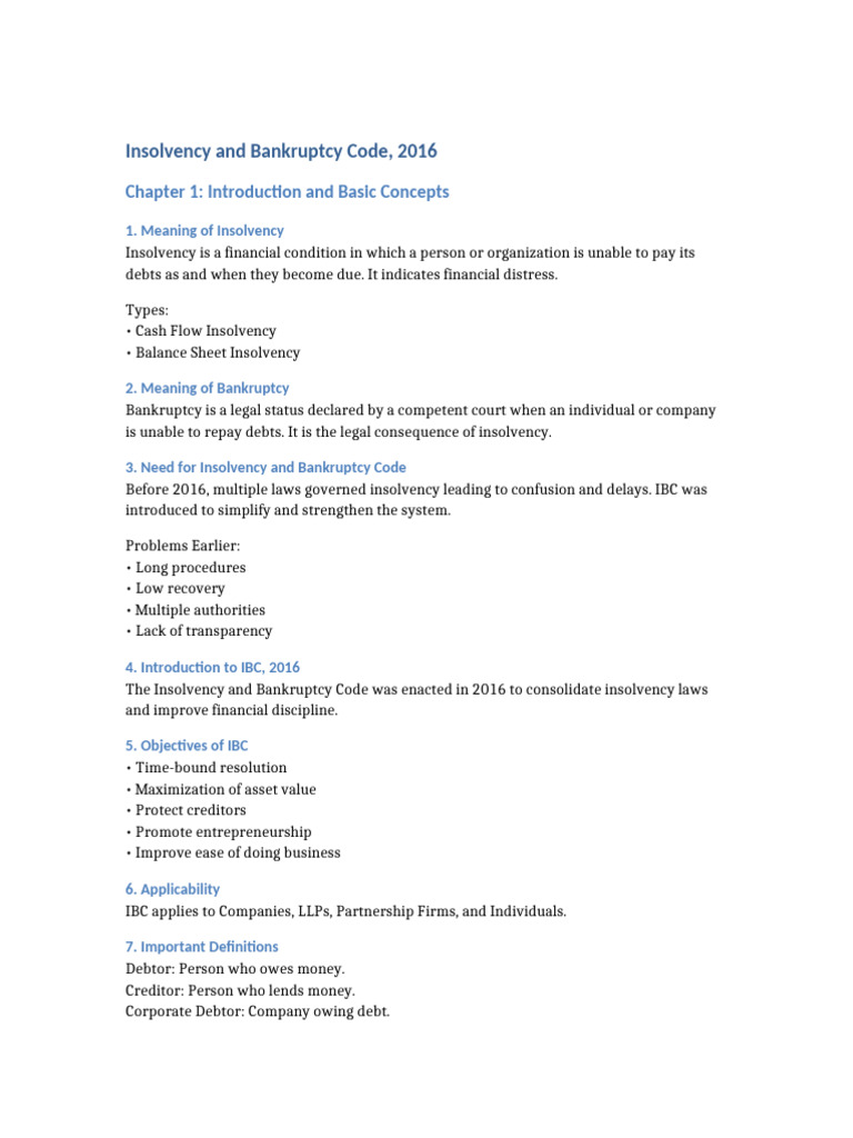 IBC Chapter 1 Detailed Notes | PDF | Bankruptcy | Insolvency