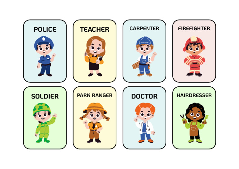 Flashcards Professions and Jobs Cartoon Illustrations Colorful ...