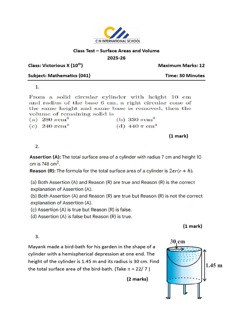Upload Class Test - Surface Area and Volume 17112025 062750 | PDF