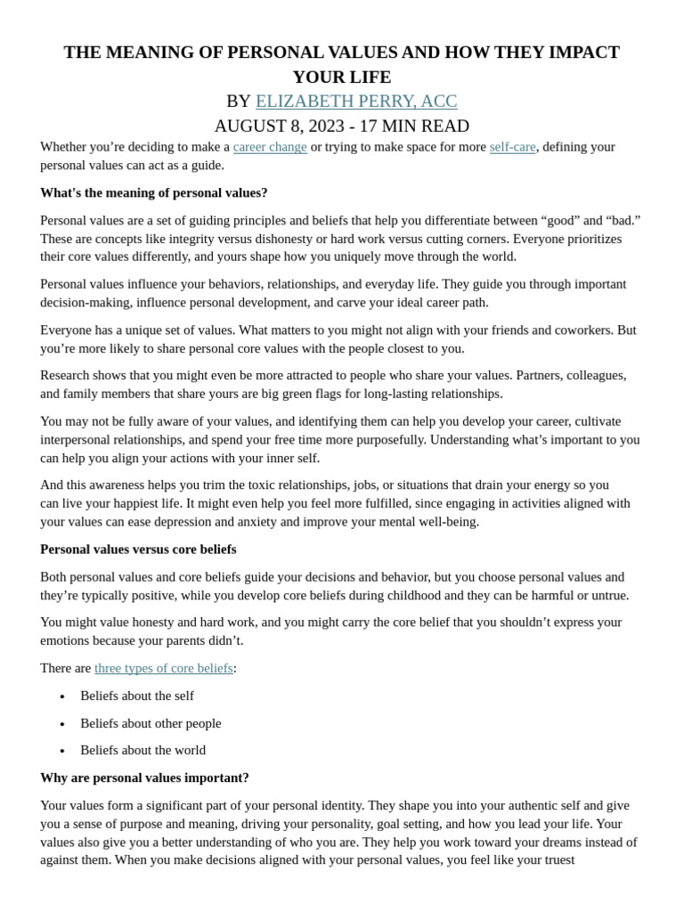 The Meaning of Personal Values and How They Impact Your Life | PDF ...