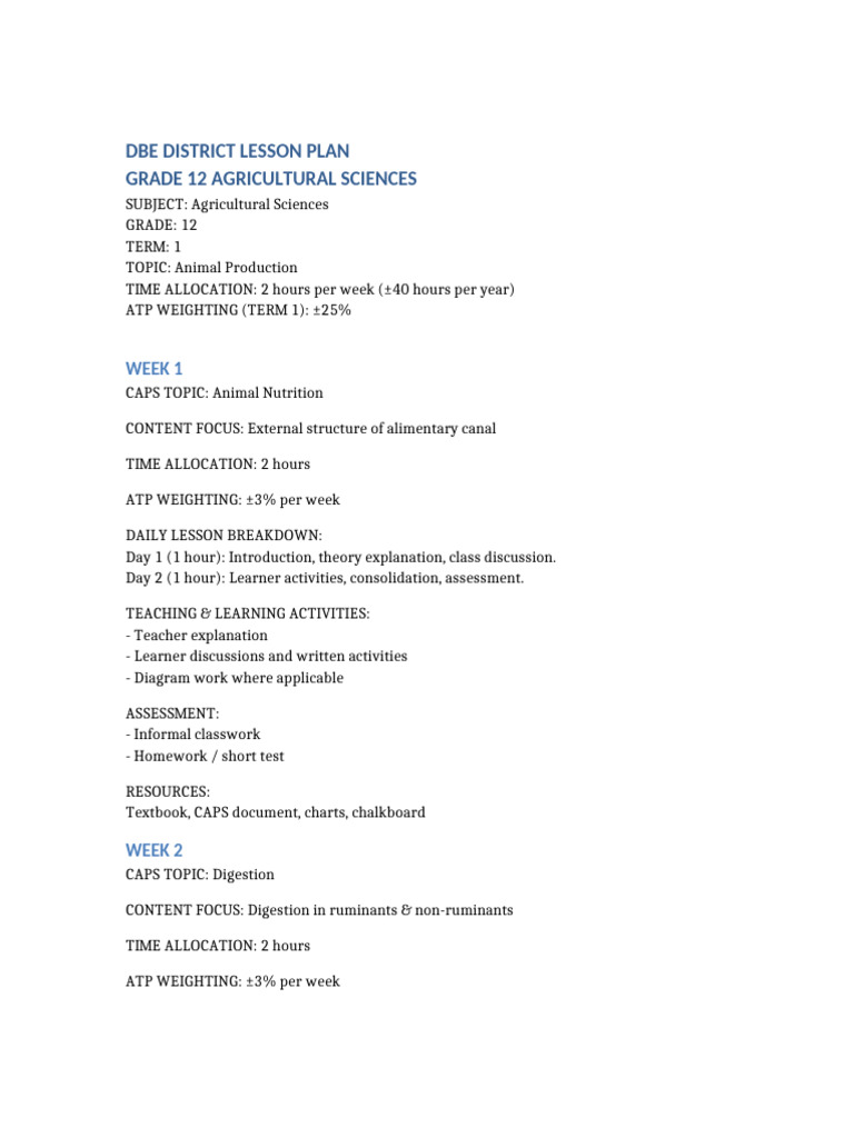 Grade 12 DBE District Lesson Plan Animal Production | PDF | Lesson Plan ...