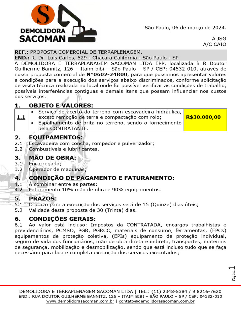 PROPOSTA SACOMAN DE TERRAPLENAGEM À JSG - R. Dr. Luis Carlos, 529 - 06 ...