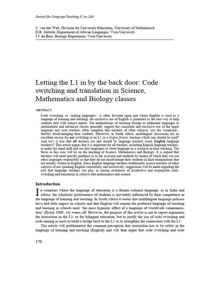 Van Der Walt Et Al 2001 Letting the l1 in by the Back Door Code ...