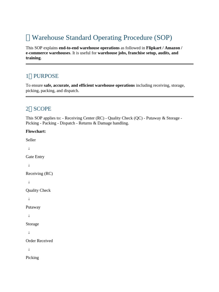 Warehouse Standard Operating Procedure (Sop) | PDF | Warehouse | Logistics