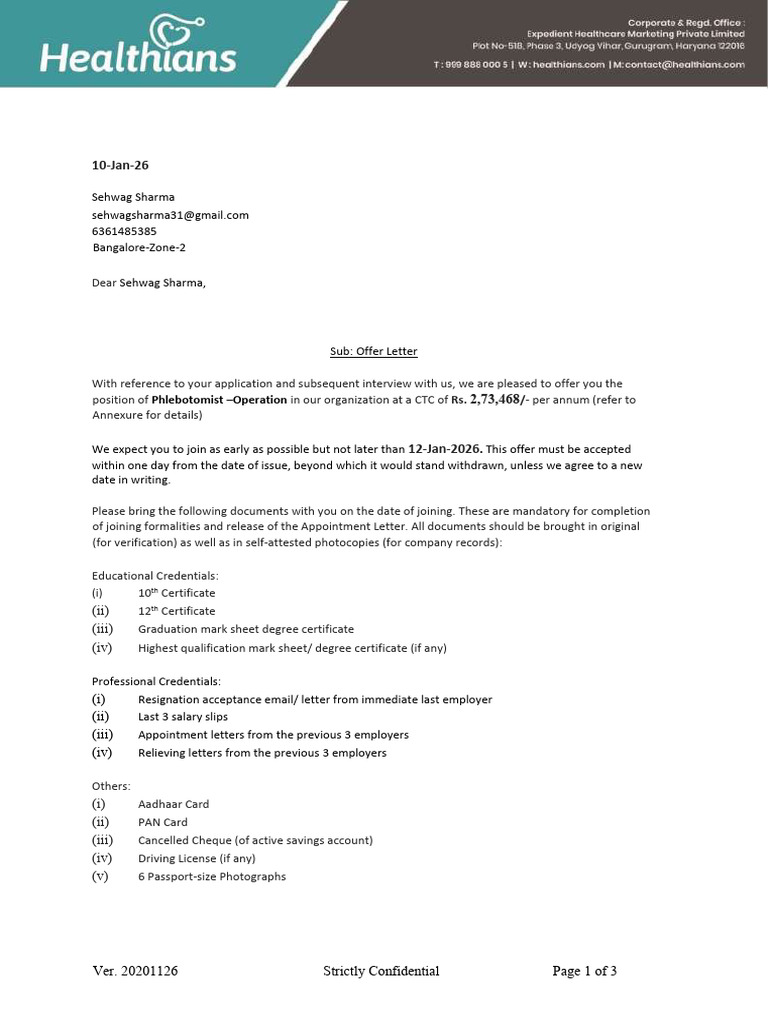 Offer Letter Sehwag Sharma Bangalore Zone 2 | PDF | Credential