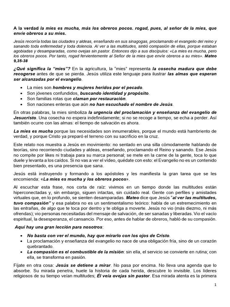 La Mies Es Mucha Pero Los Obreros Son Pocos | PDF | Oración | Jesús