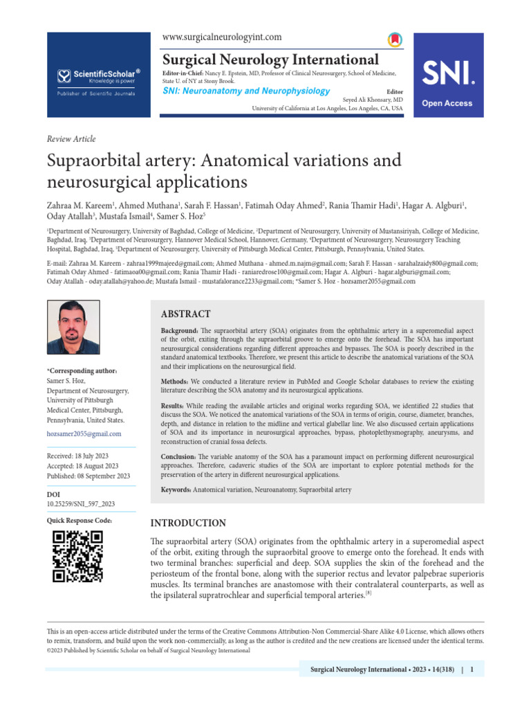 Supraorbital Artery- Anatomical Variations and Neurosurgical ...