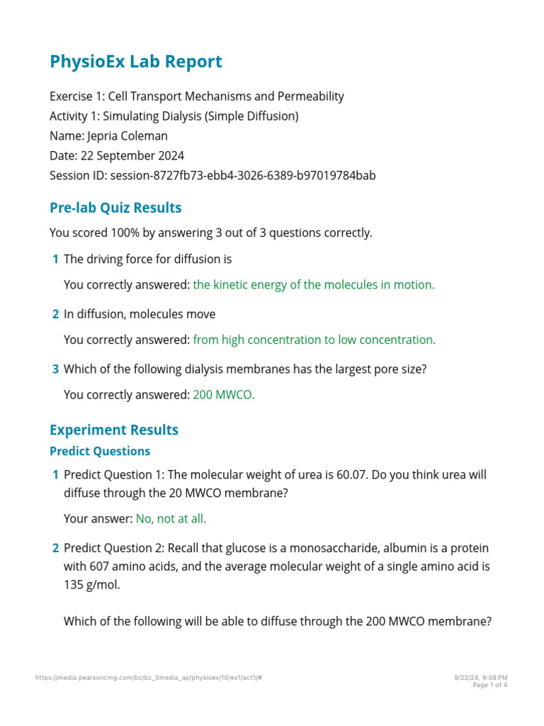 PhysioEx Exercise 1 Activity 1 | PDF | Diffusion | Proteins