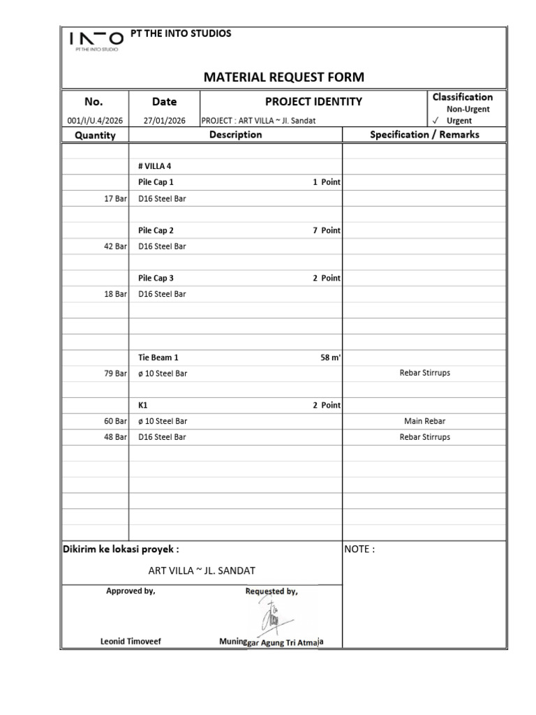 001 - I - 2026 - Material Request Form (Steel Rebar) | PDF