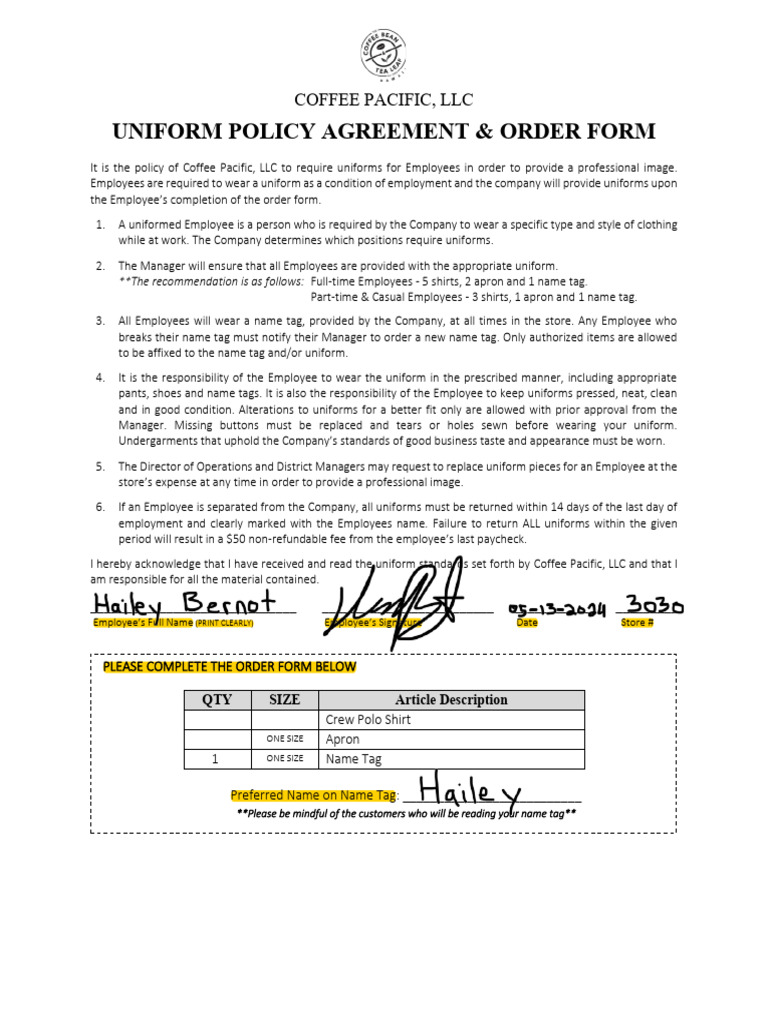 8 - Uniform Policy Agreement & Order Form (Fillable) | PDF | Softlines ...