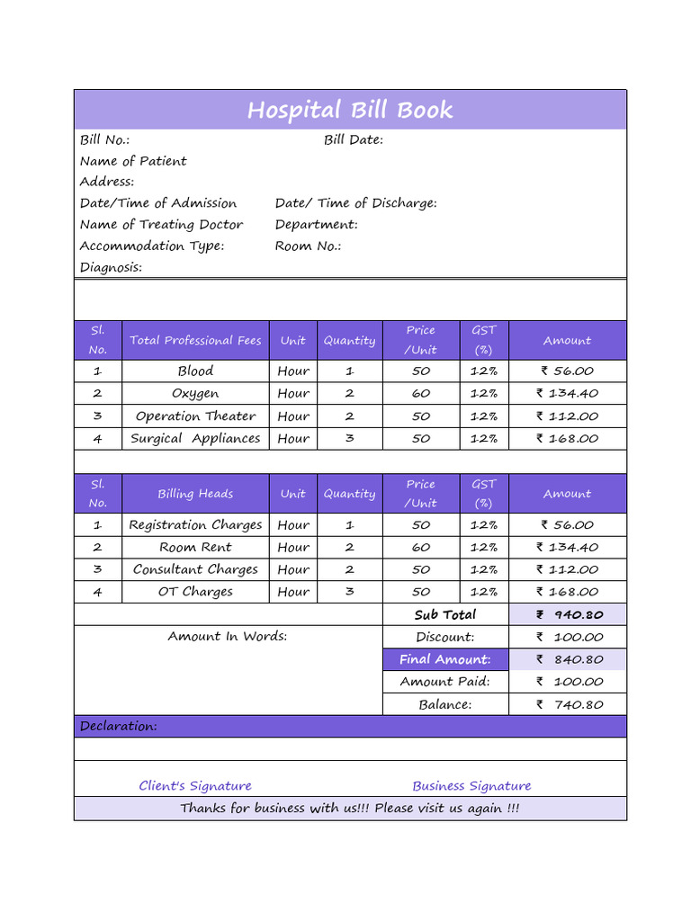 Hospital Bill Book Format 03 | PDF