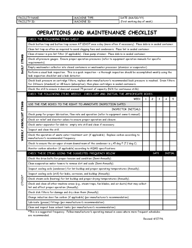 Operations and Maintenance Checklist | PDF