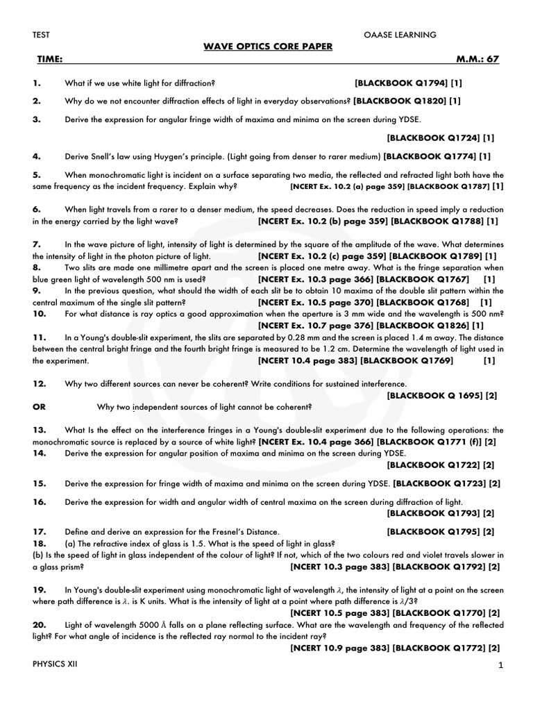 Wave Optics Core Paper (o.2) (1) | PDF | Diffraction | Light