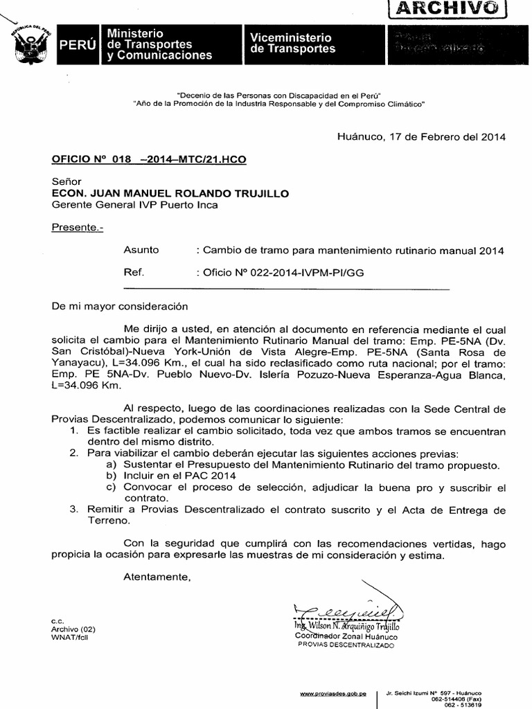 OFICIO 018 y 024-2014-MTC - 21.HCO | PDF