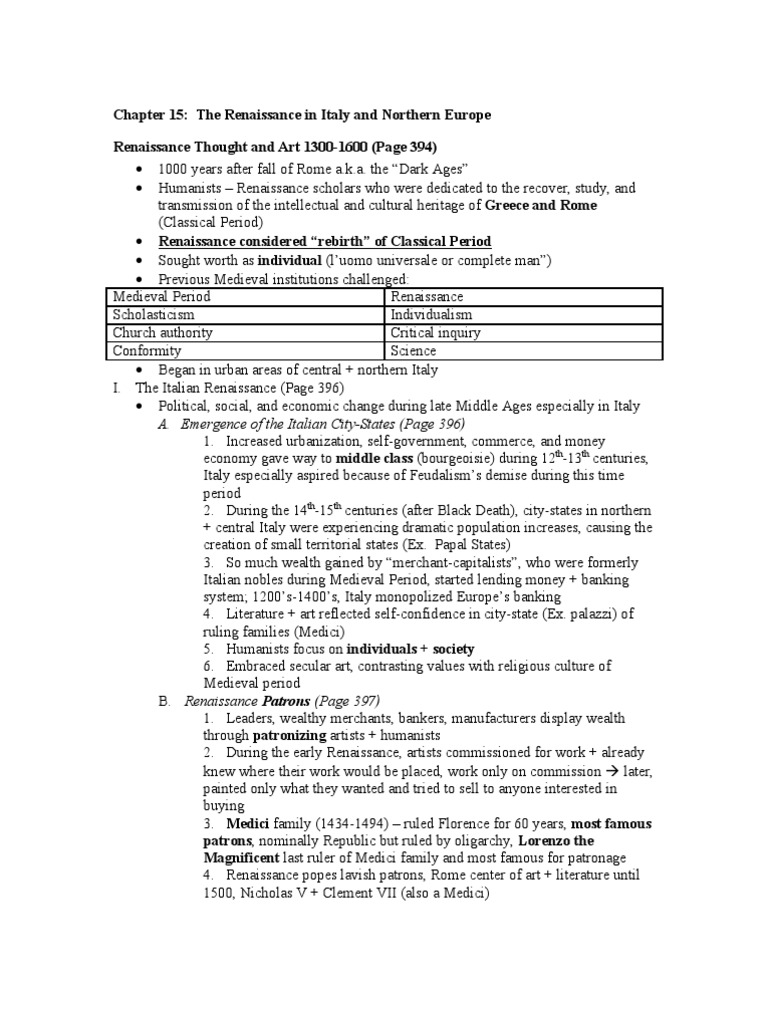 Chapter 15 The Renaissance Notes | PDF | Michelangelo | Renaissance